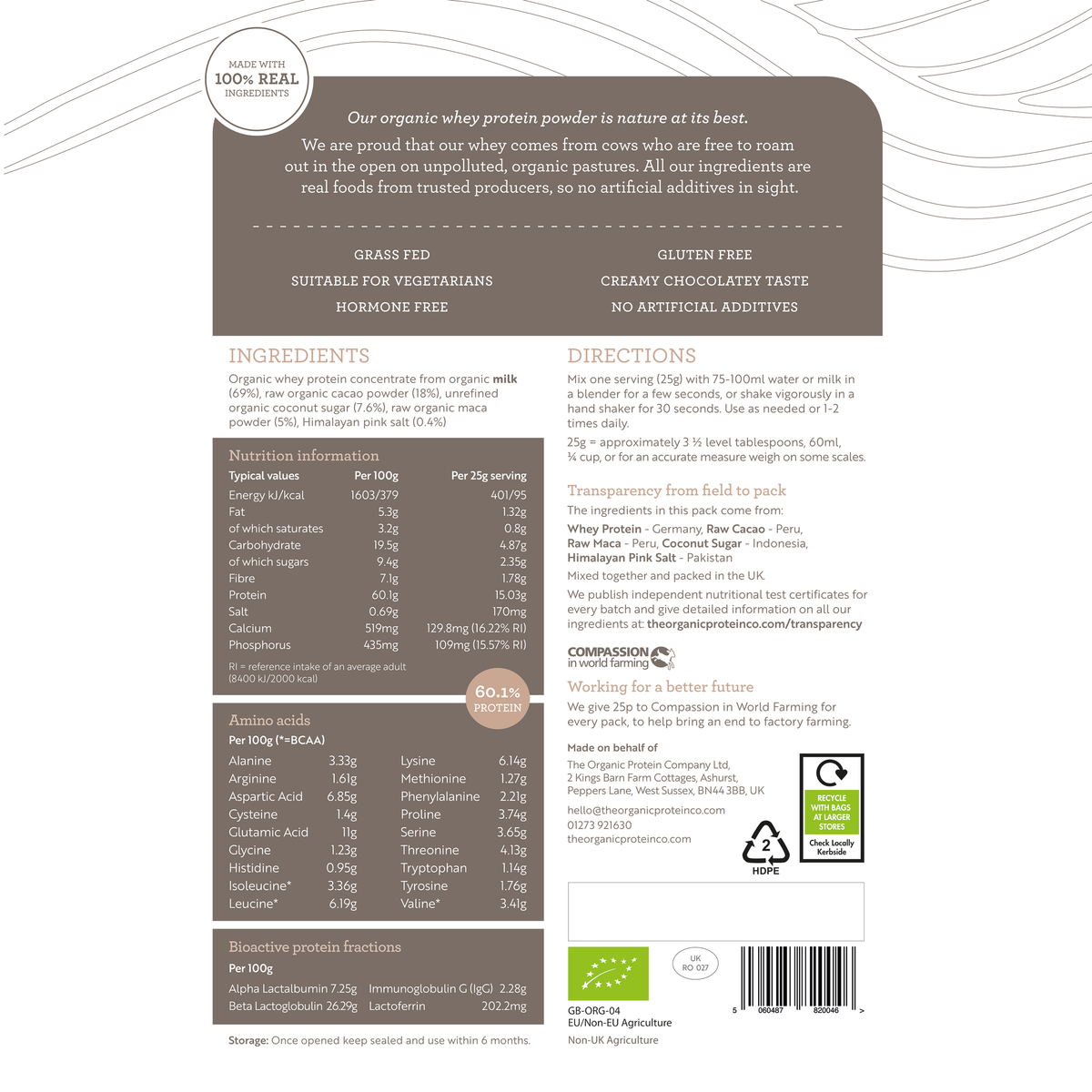 Chocolate Organic Whey Protein Powder, Cacao & Maca - The Organic ...