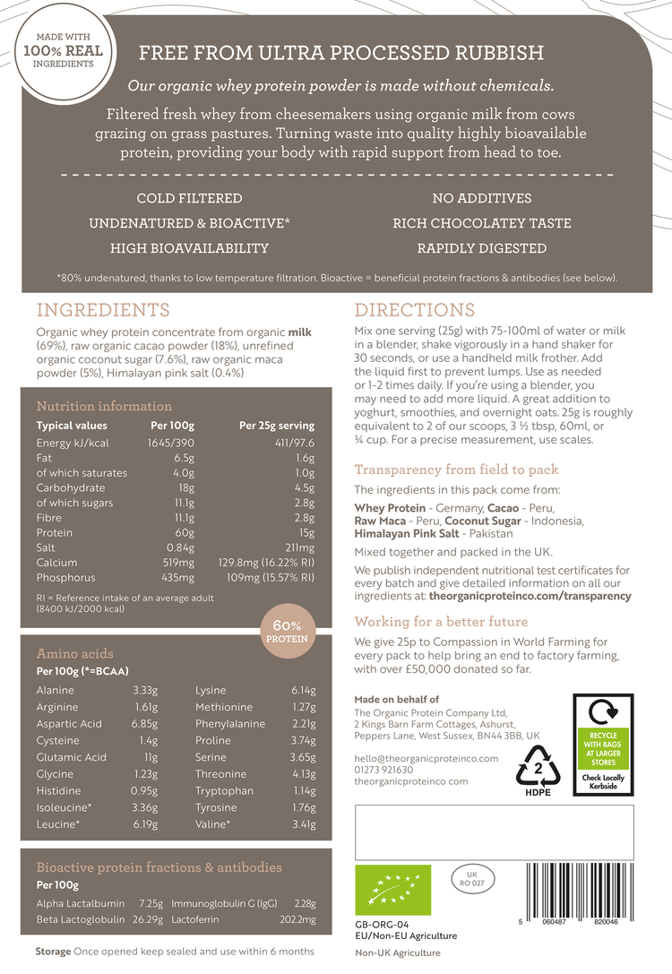 Chocolate Organic Whey Protein Powder, Cacao & Maca - The Organic ...